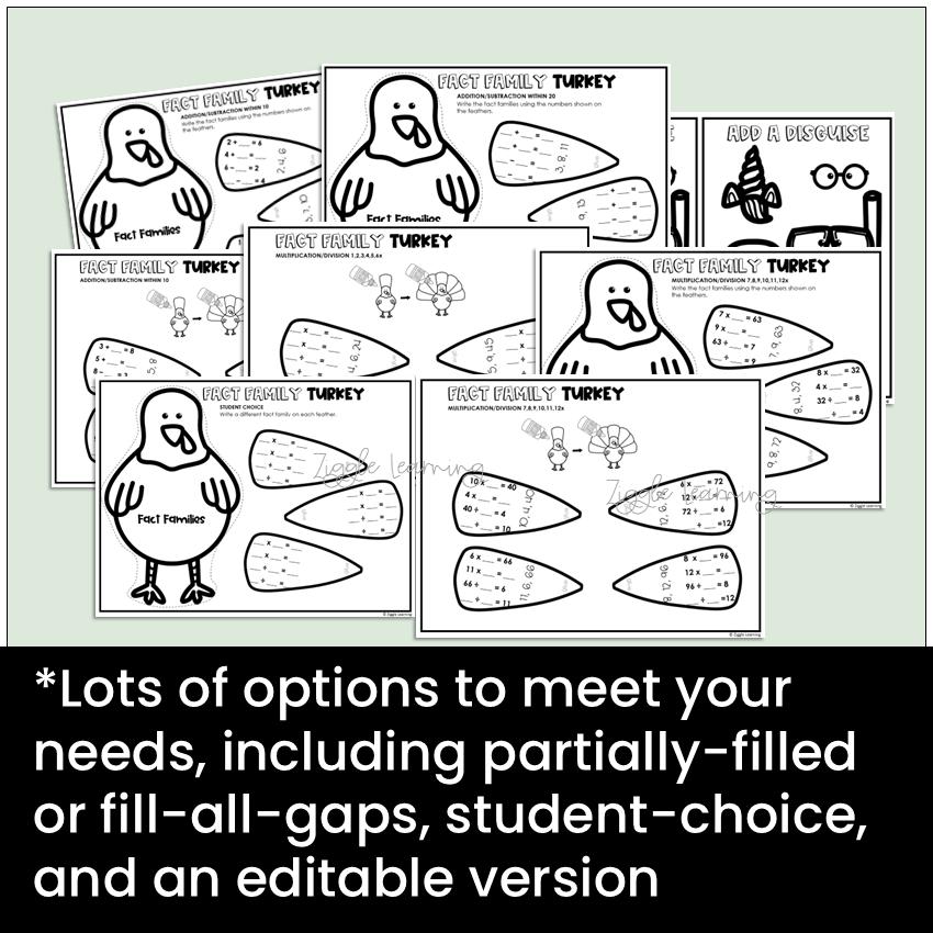 Printable Turkey Fact Families Craft, Thanksgiving Fall Math Activity ...