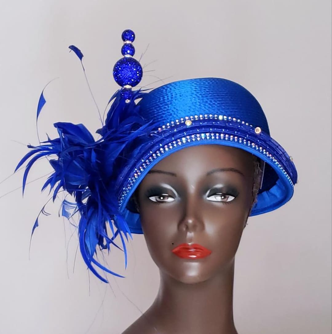 Royal Blue Satin Pillbox Hat With Rhinestones, Feathers, and Hat Pin - Etsy