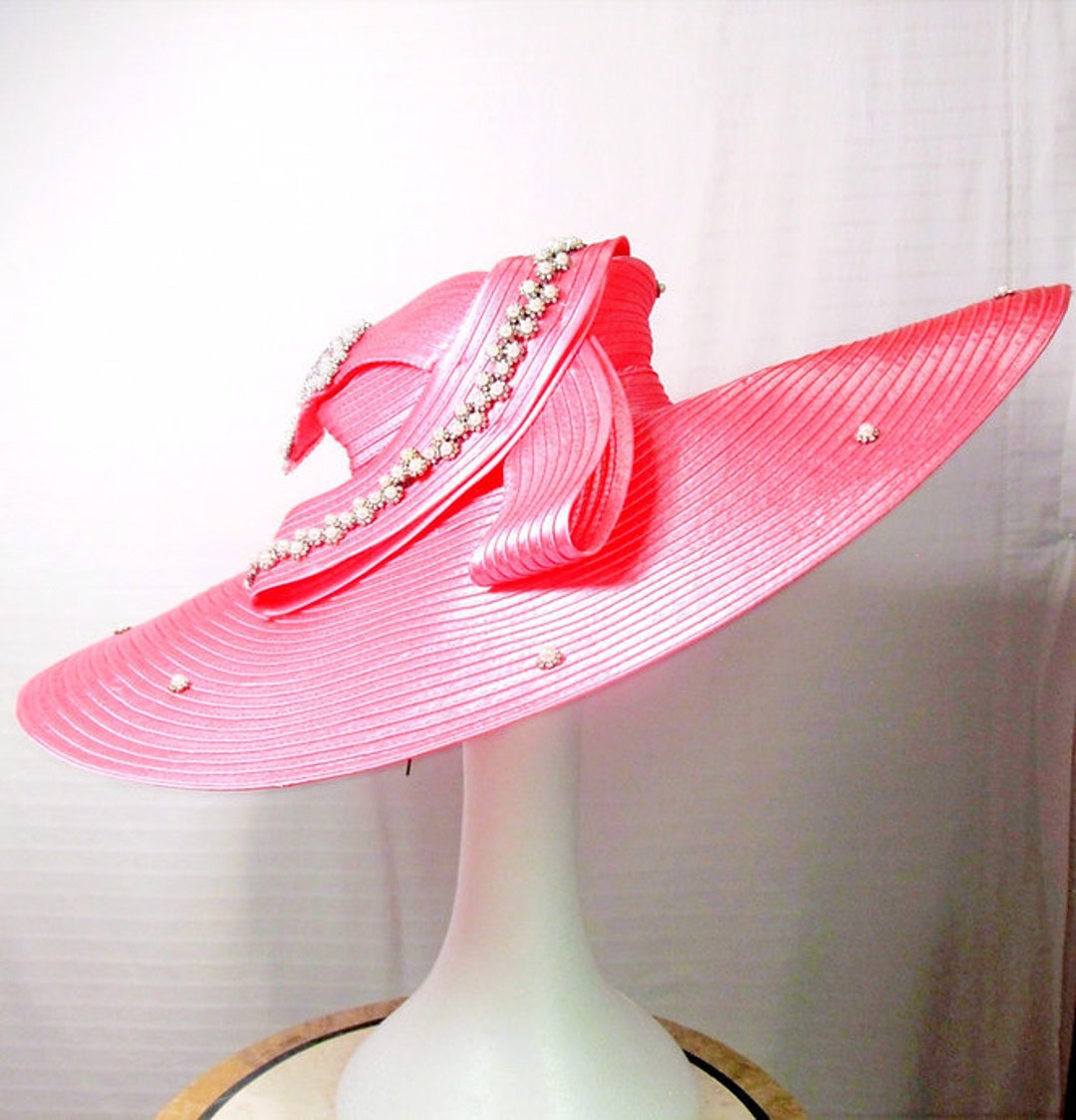 Hot Pink Wide Brim Satin Hat With Pearls and Rhinestones - Etsy