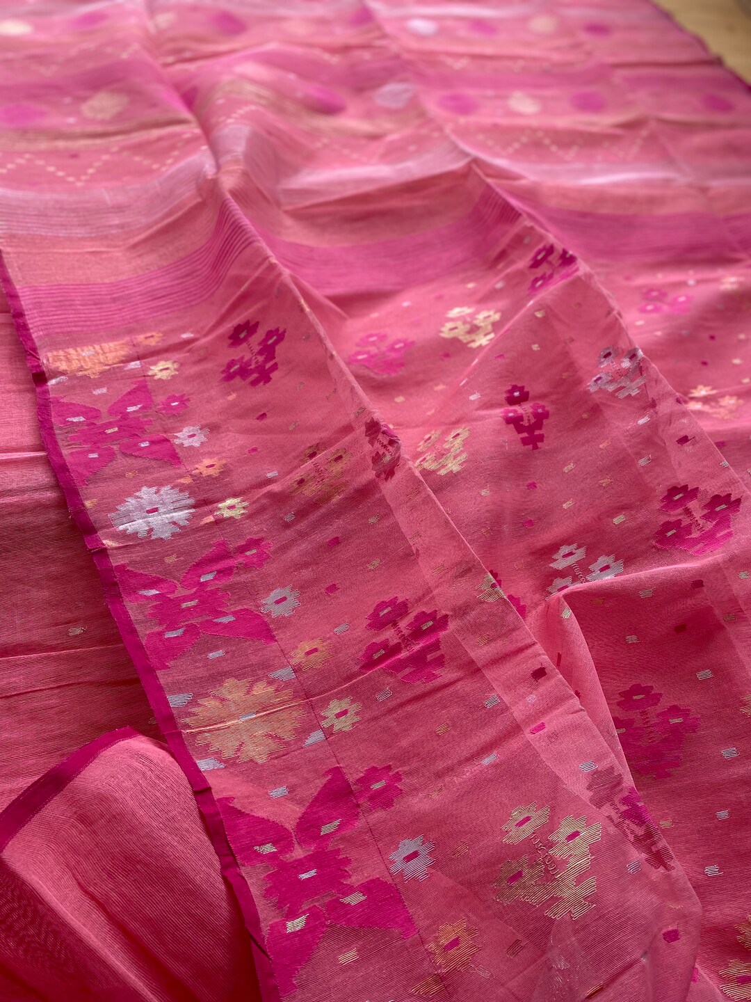 100% Original Bangladeshi Dhakai Half Silk Jamdani Saree- Pink Colour ...