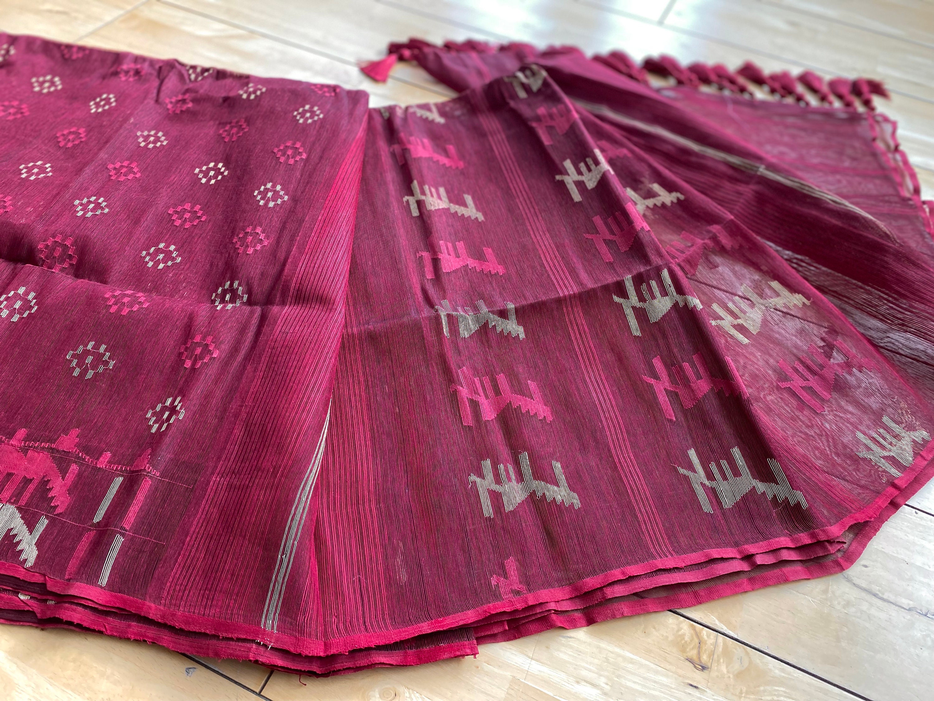 Original Bangladeshi Dhakai Half Silk Jamdani Saree Dark Maroon or Wine ...