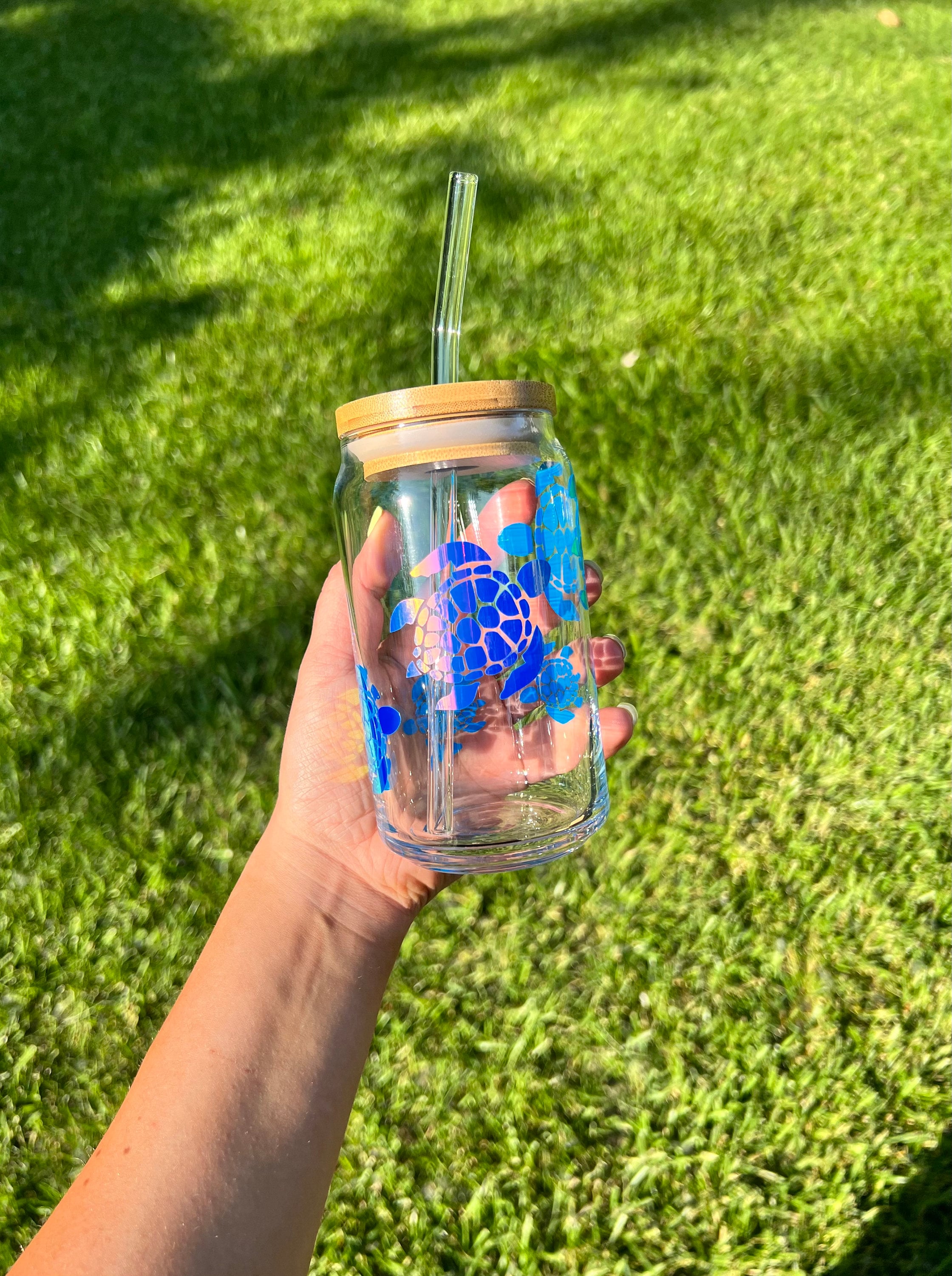 Holographic Sea Turtle Cup / Iced Coffee Can Glass / Cup With Bamboo ...