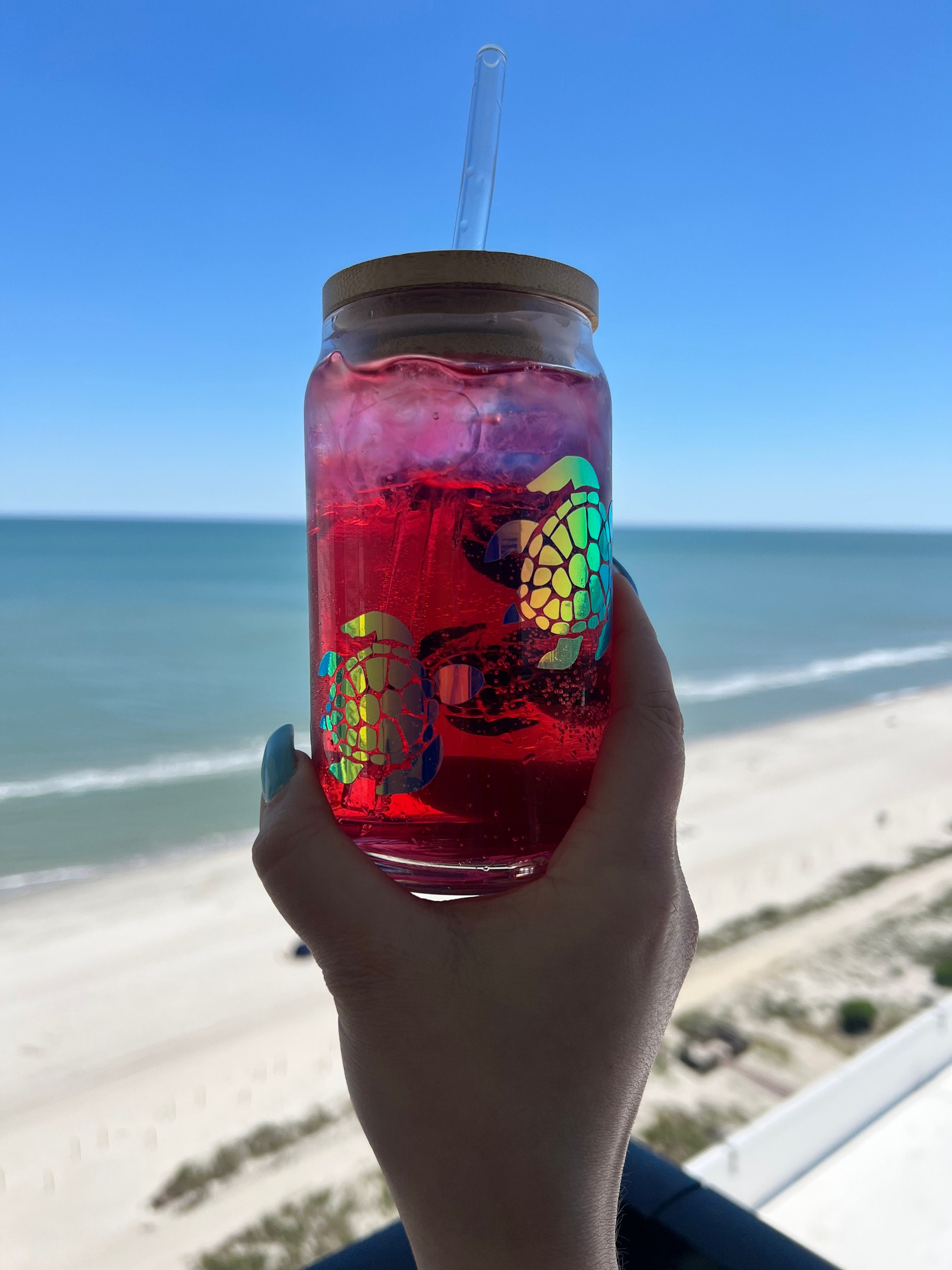 Holographic Sea Turtle Cup / Iced Coffee Can Glass / Cup With Bamboo ...