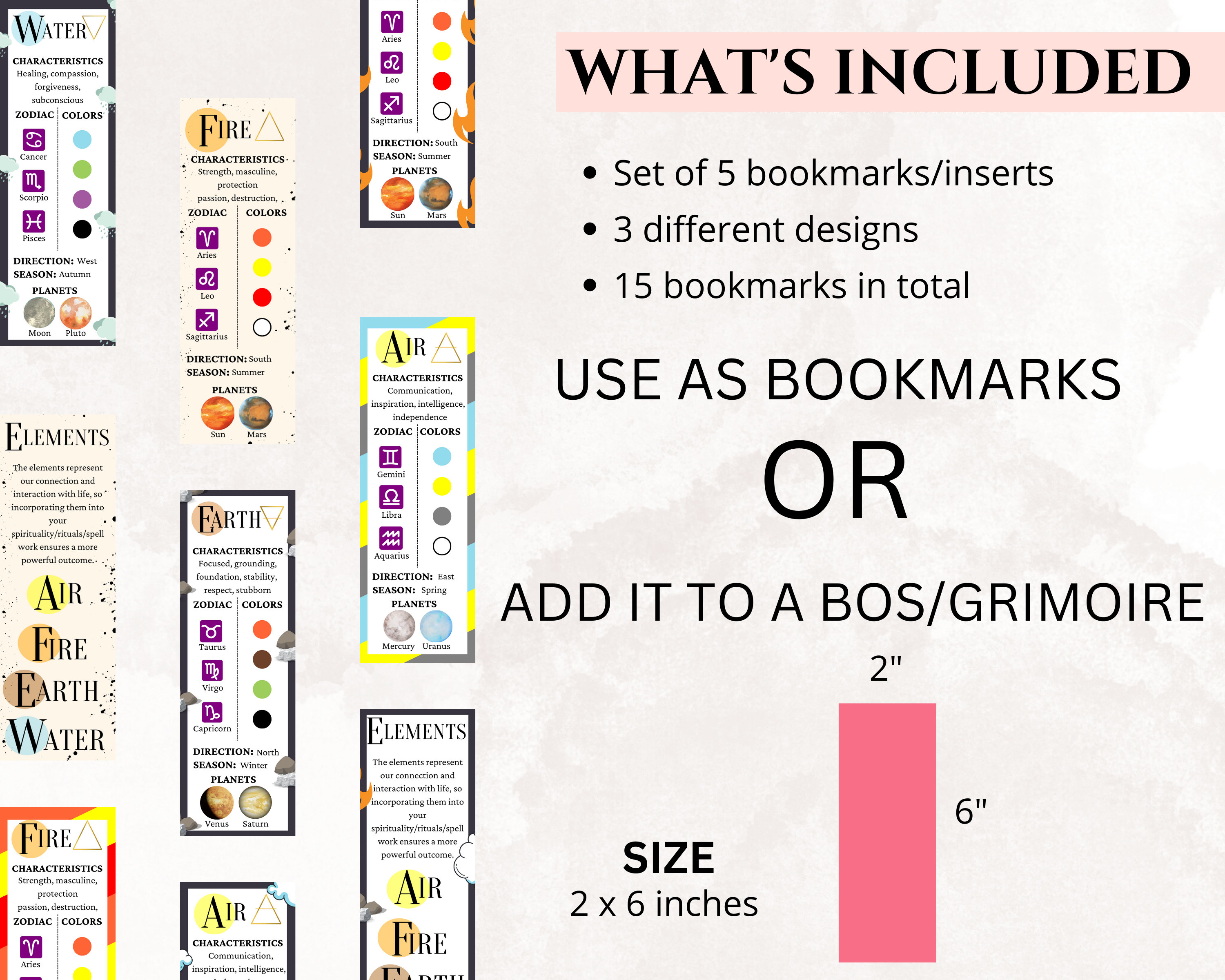 Four Elements Printable Bookmarks | Spiritual Elements Grimoire Inserts ...