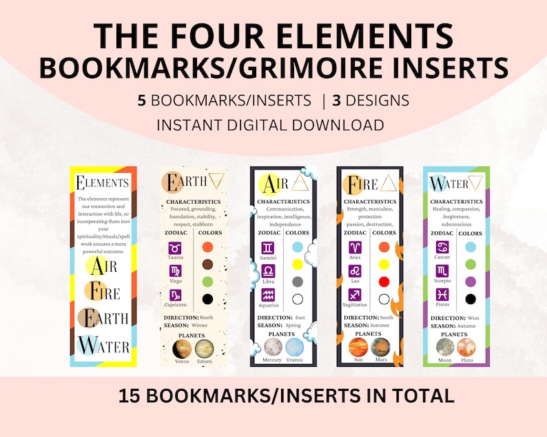 Four Elements Printable Bookmarks | Spiritual Elements Grimoire Inserts ...