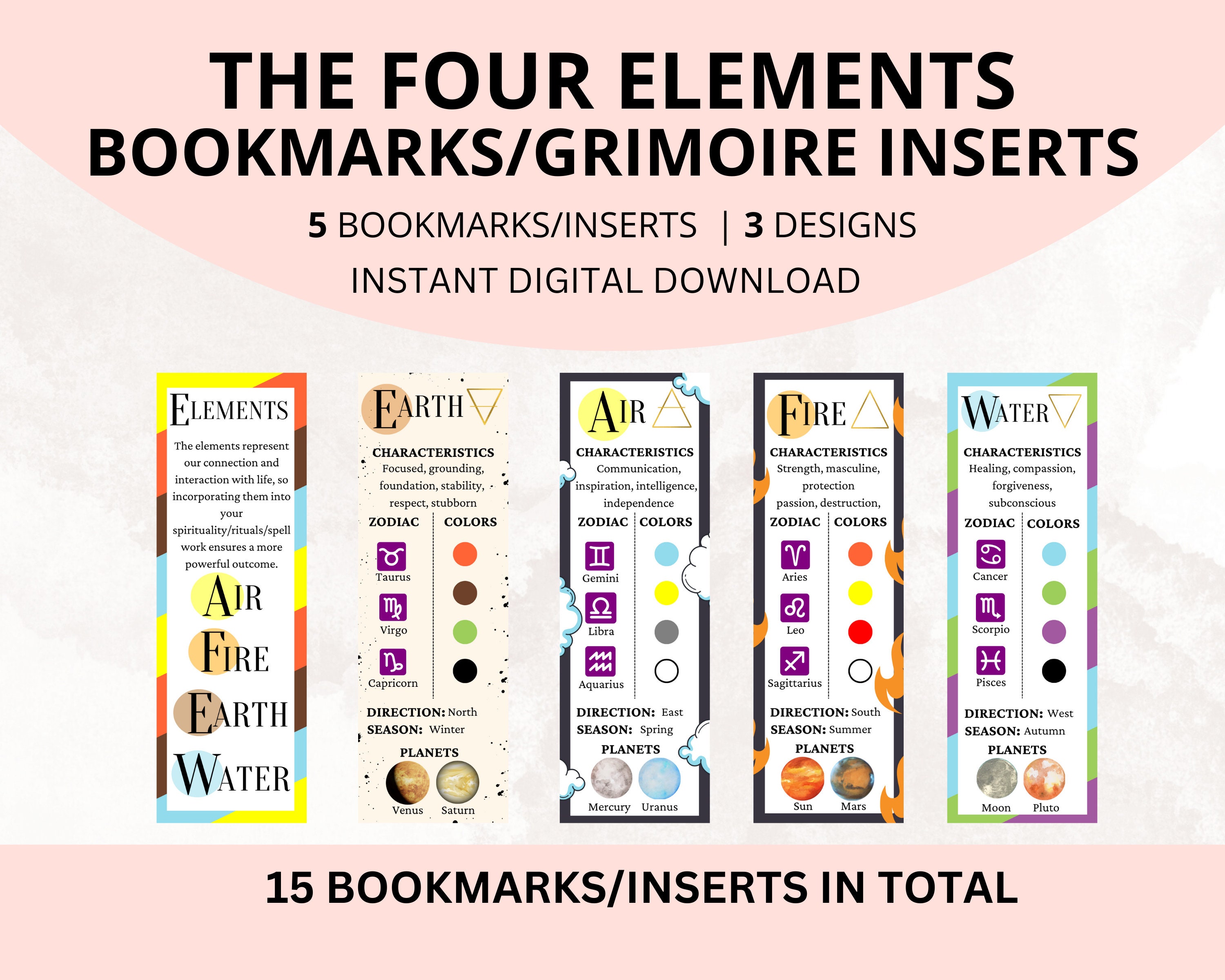 Four Elements Printable Bookmarks | Spiritual Elements Grimoire Inserts ...