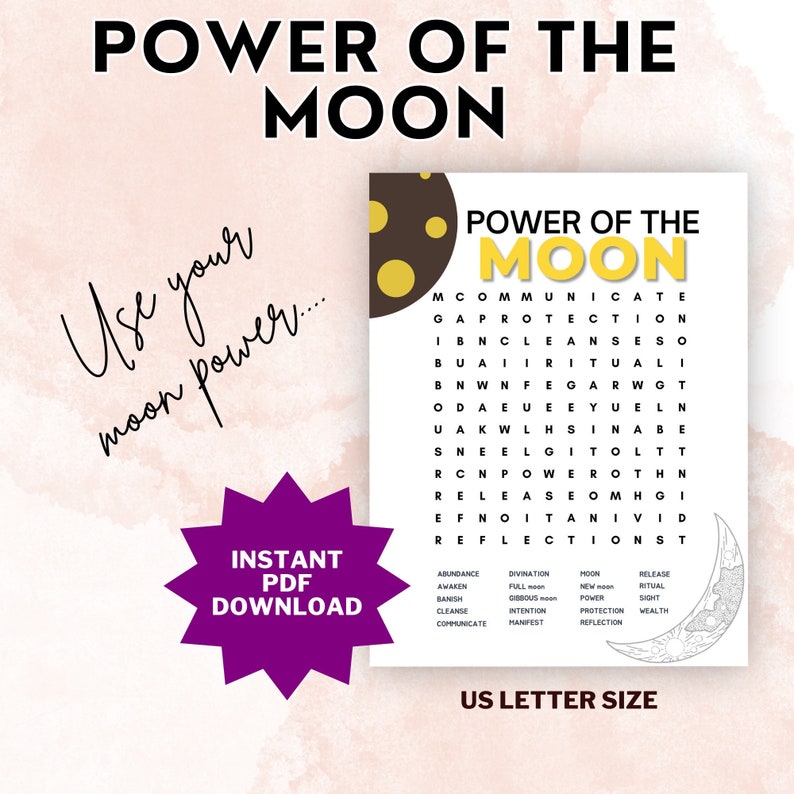 Moon Phases Word Search Printable Moon Print Spiritual Activity Sheet ...
