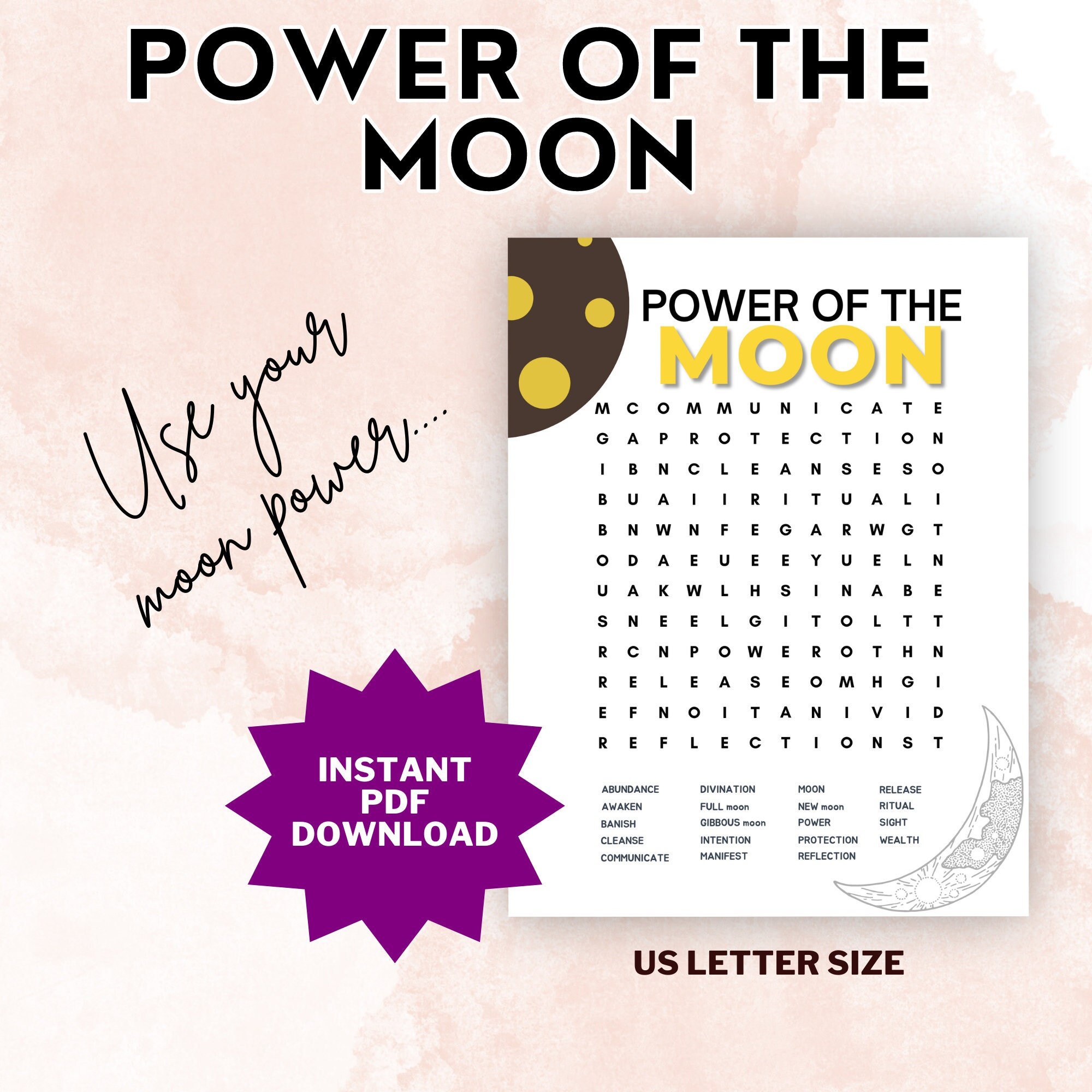 Moon Phases Word Search Printable Moon Print Spiritual Activity Sheet ...