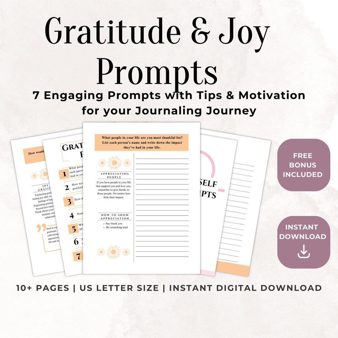 Gratitude and Joy Journal Prompts Printable, Happiness Guided Writing Prompts, Self Care, Inner ...