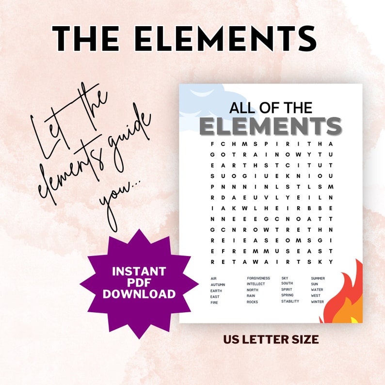 The Four Elements Word Search Printable Spiritual Activity Sheet ...