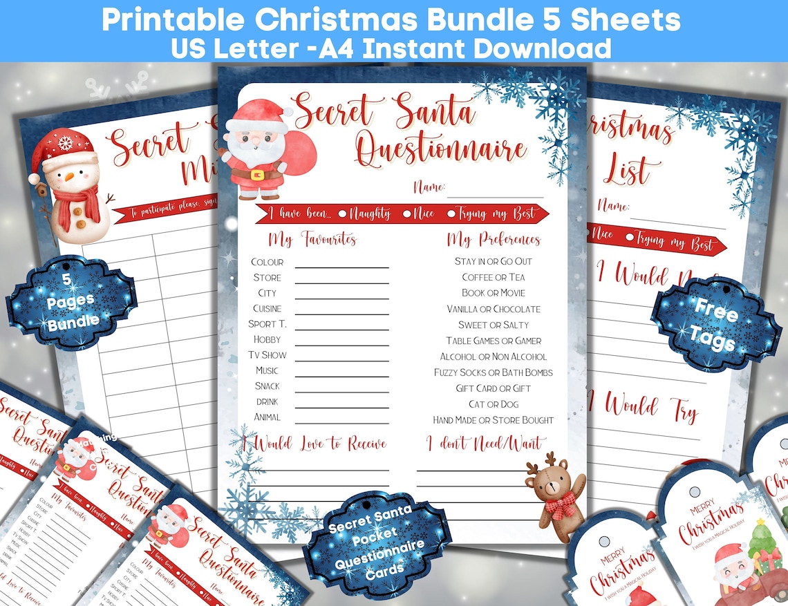 Christmas Bundle English Printable Secret Santa Fillable Sheets, Wish ...