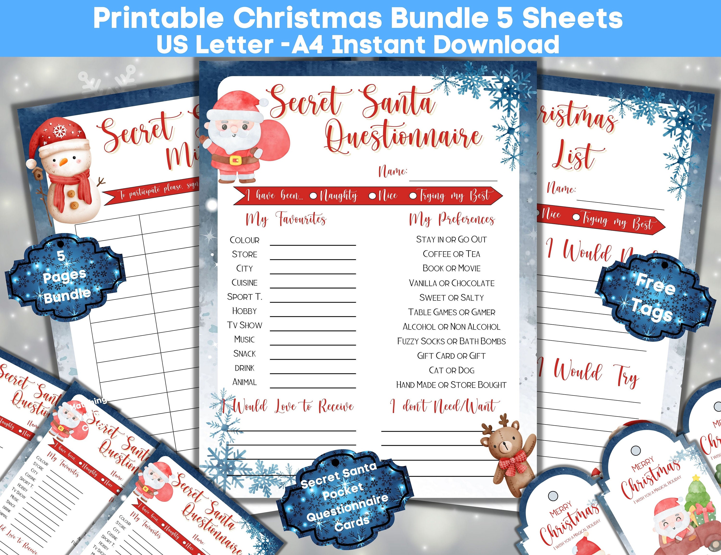 Christmas Bundle English Printable Secret Santa Fillable Sheets, Wish ...