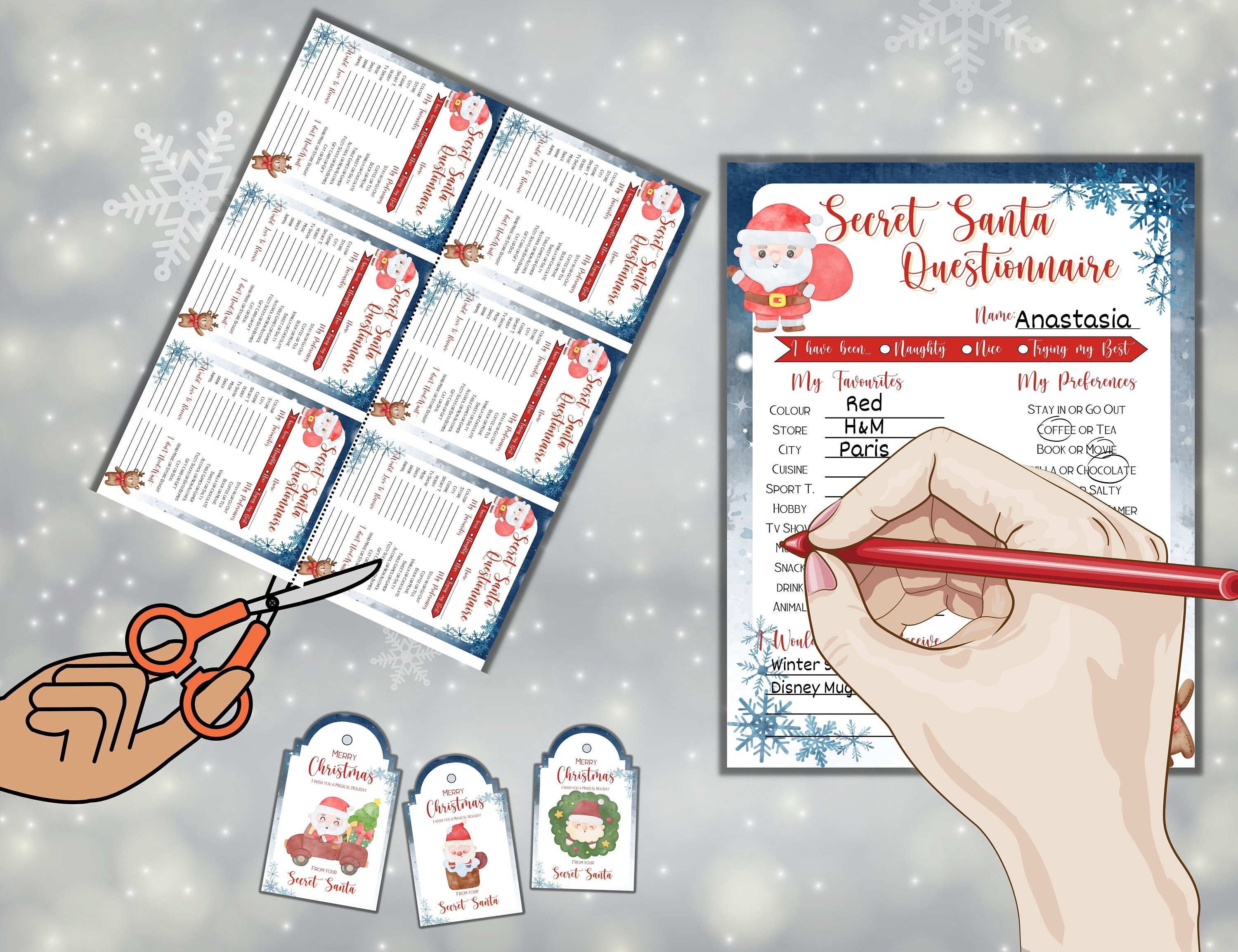 Christmas Bundle English Printable Secret Santa Fillable Sheets, Wish ...