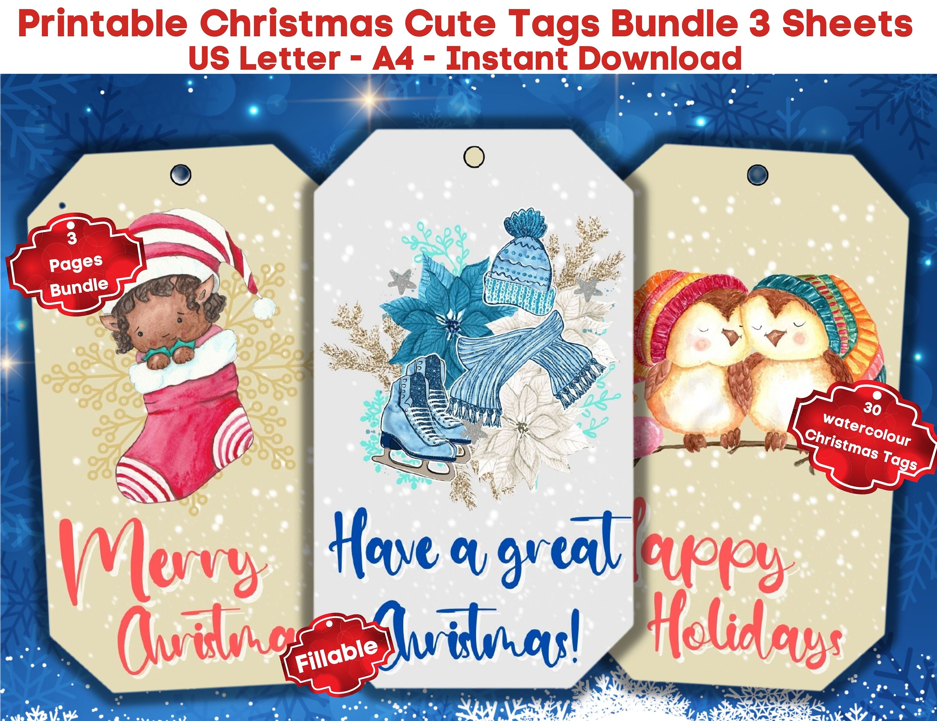 Christmas Bundle English Printable Watercolour 30 Cute Tags - Etsy