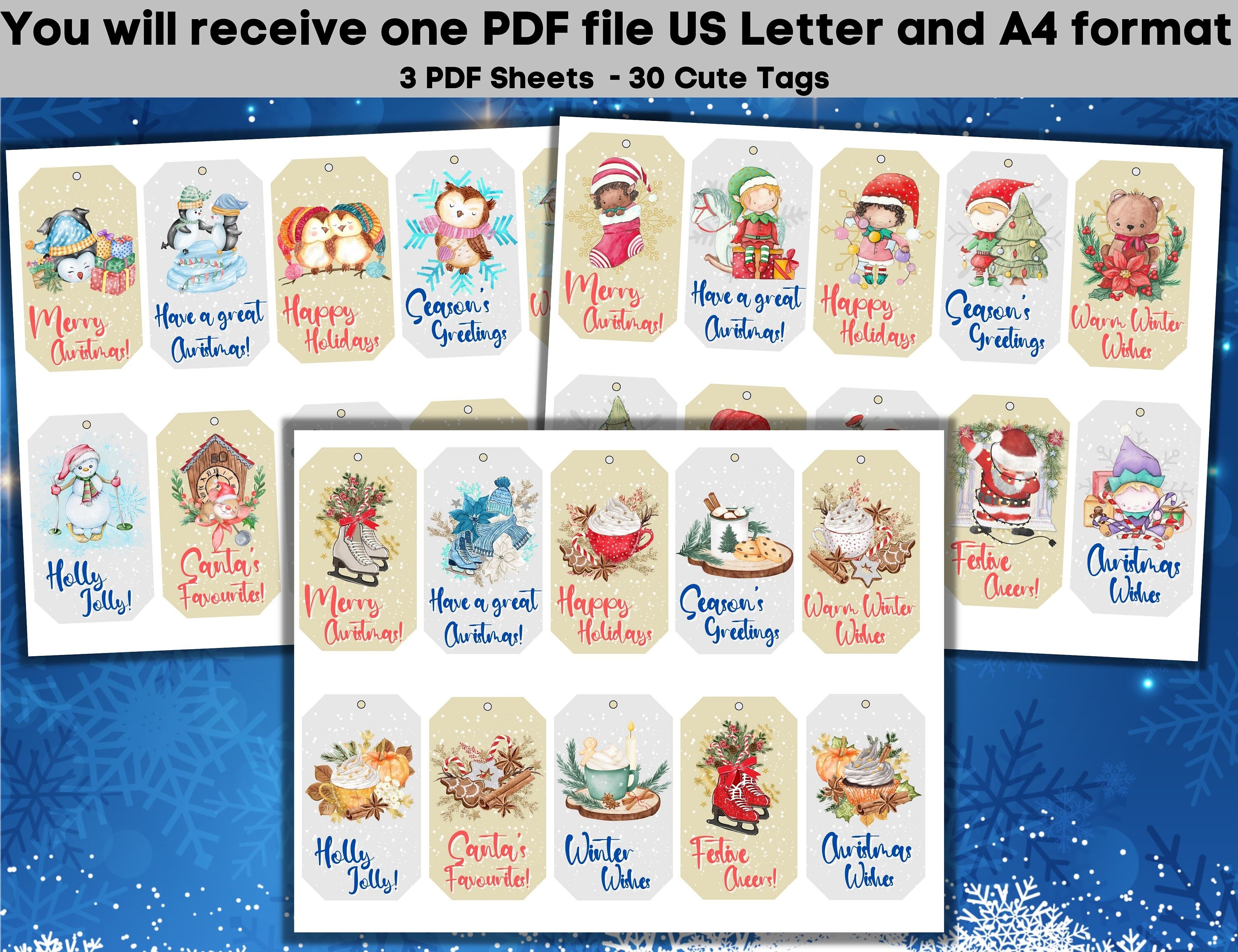 Christmas Bundle English Printable Watercolour 30 Cute Tags - Etsy