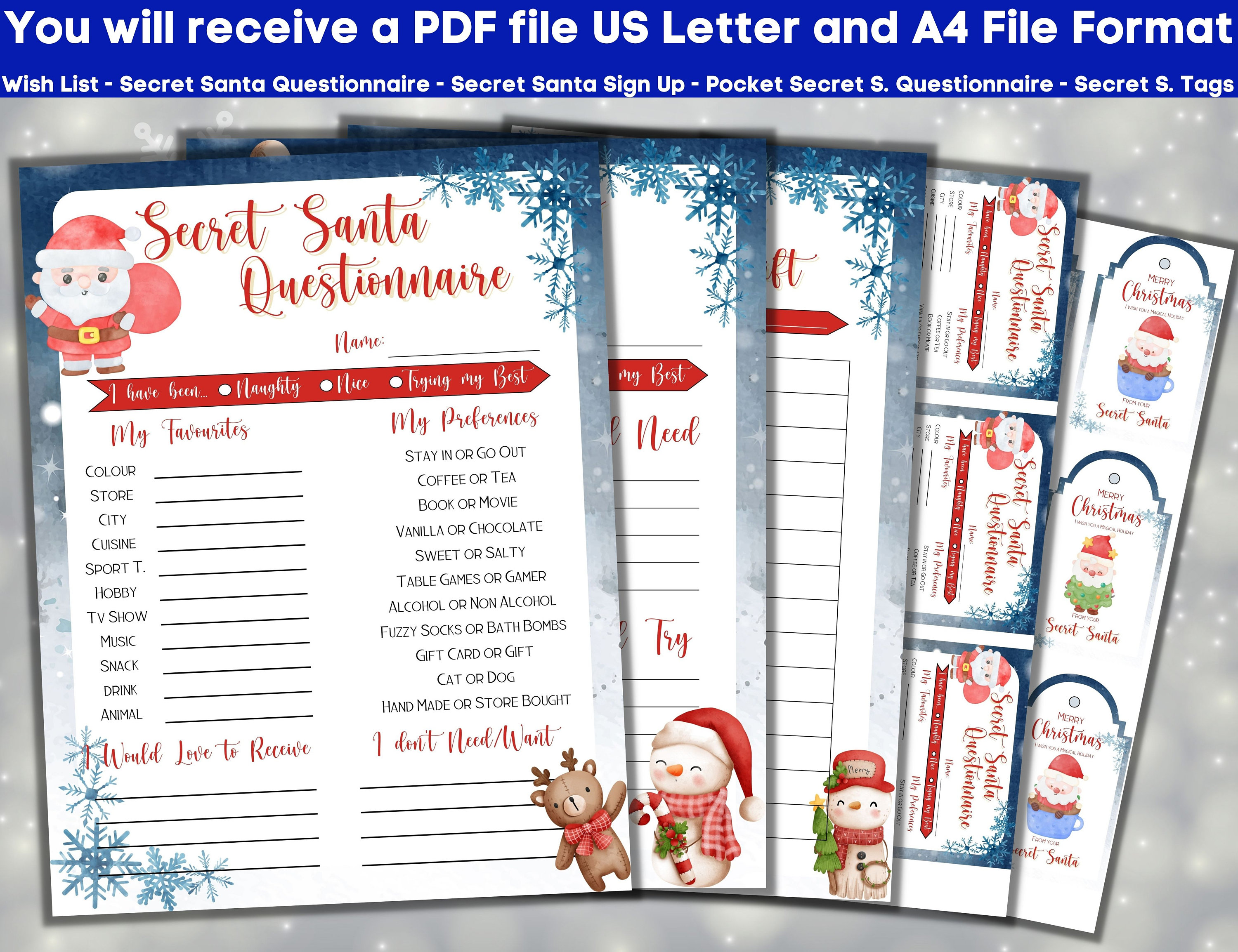 Christmas Bundle English Printable Secret Santa Fillable Sheets, Wish ...