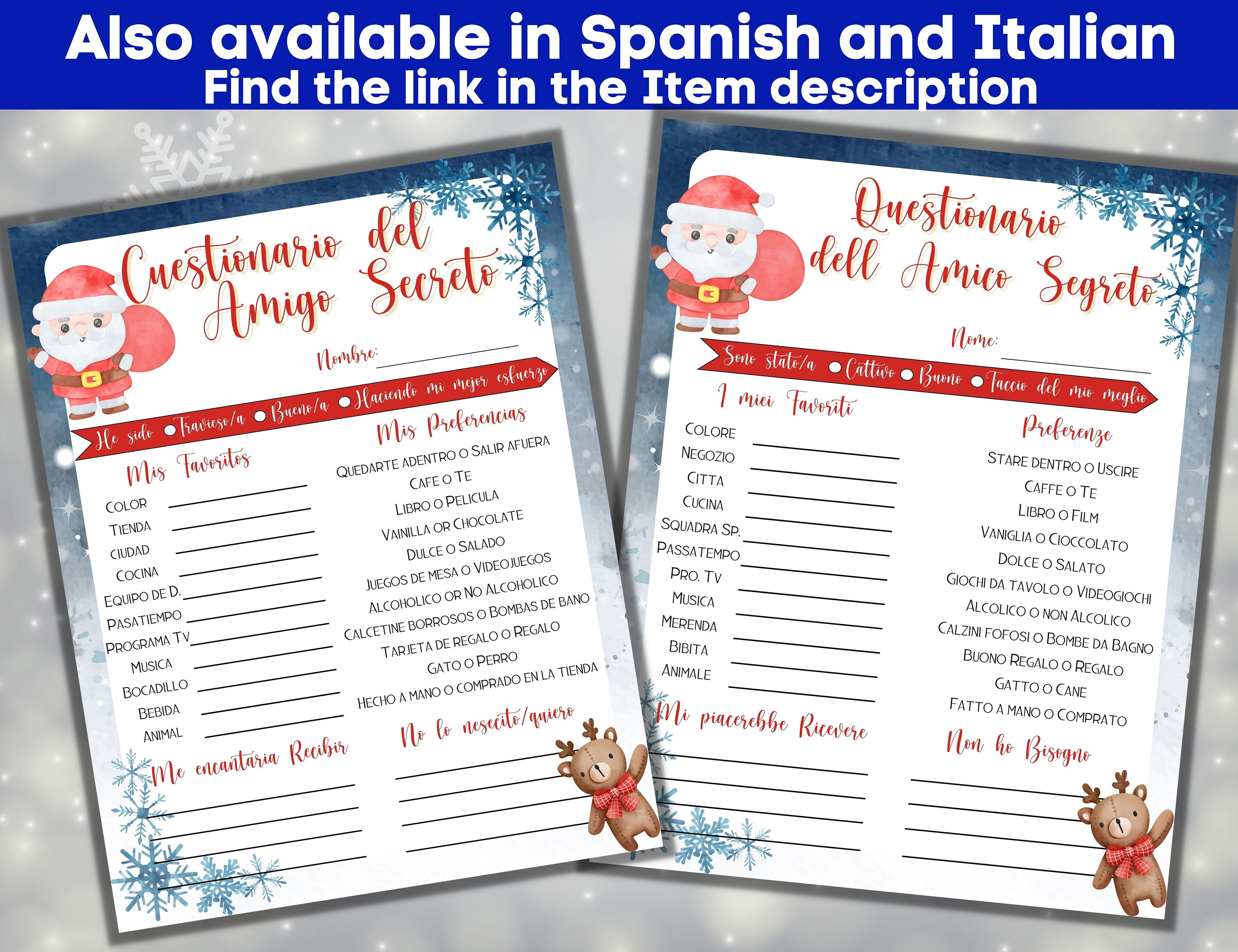 Christmas Bundle English Printable Secret Santa Fillable Sheets, Wish ...