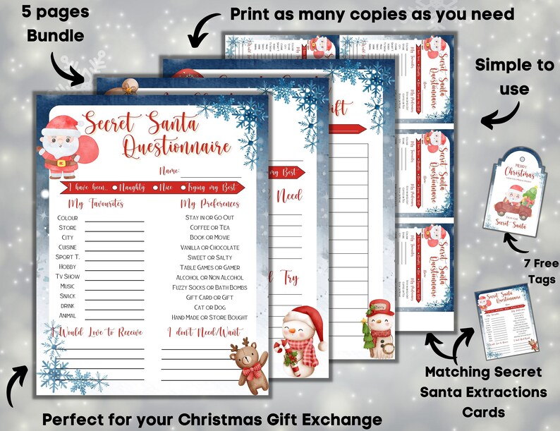 Christmas Bundle English Printable Secret Santa Fillable Sheets, Wish ...