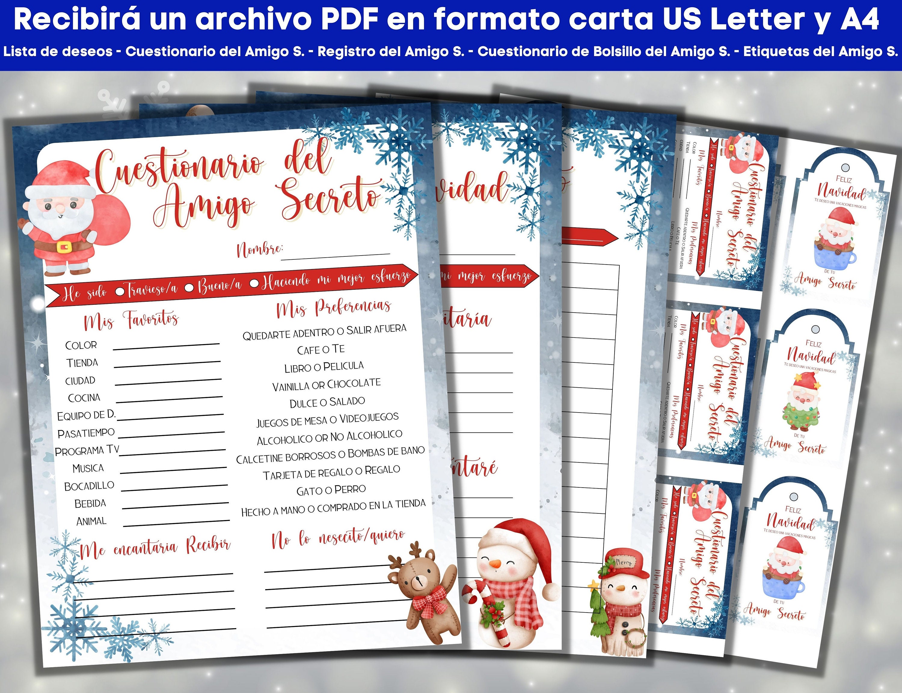 Spanish Secret Santa Printable Bundle: Wish List, Sign-up (digital ...