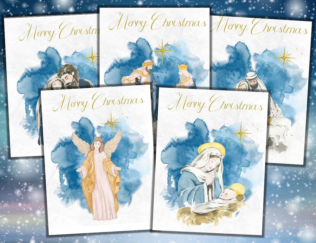 Nativity Christmas Greeting Cards Bundle English Printable Watercolour ...