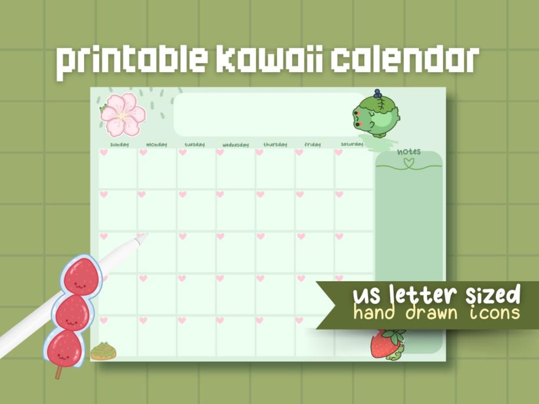Printable Kawaii Frog Monthly Calendar: Undated Digital Planner ...