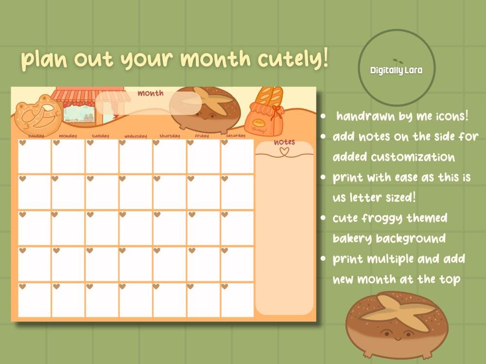 Kawaii Bakery Calendar | Printable Planner | Printable Calendar ...