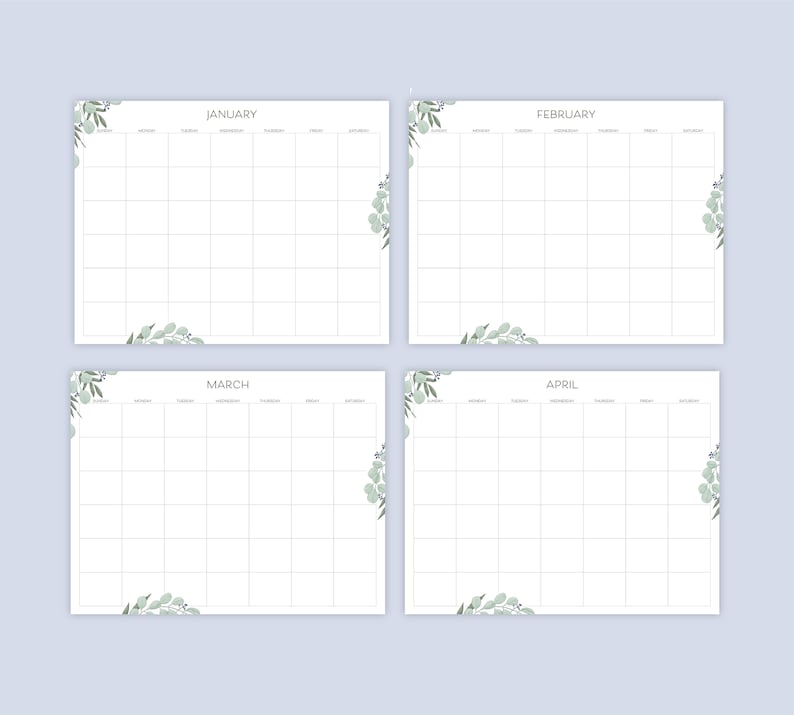 Eucalyptus Floral Monthly Calendar Printable, Modern Chic (PDF, JPG) - Etsy