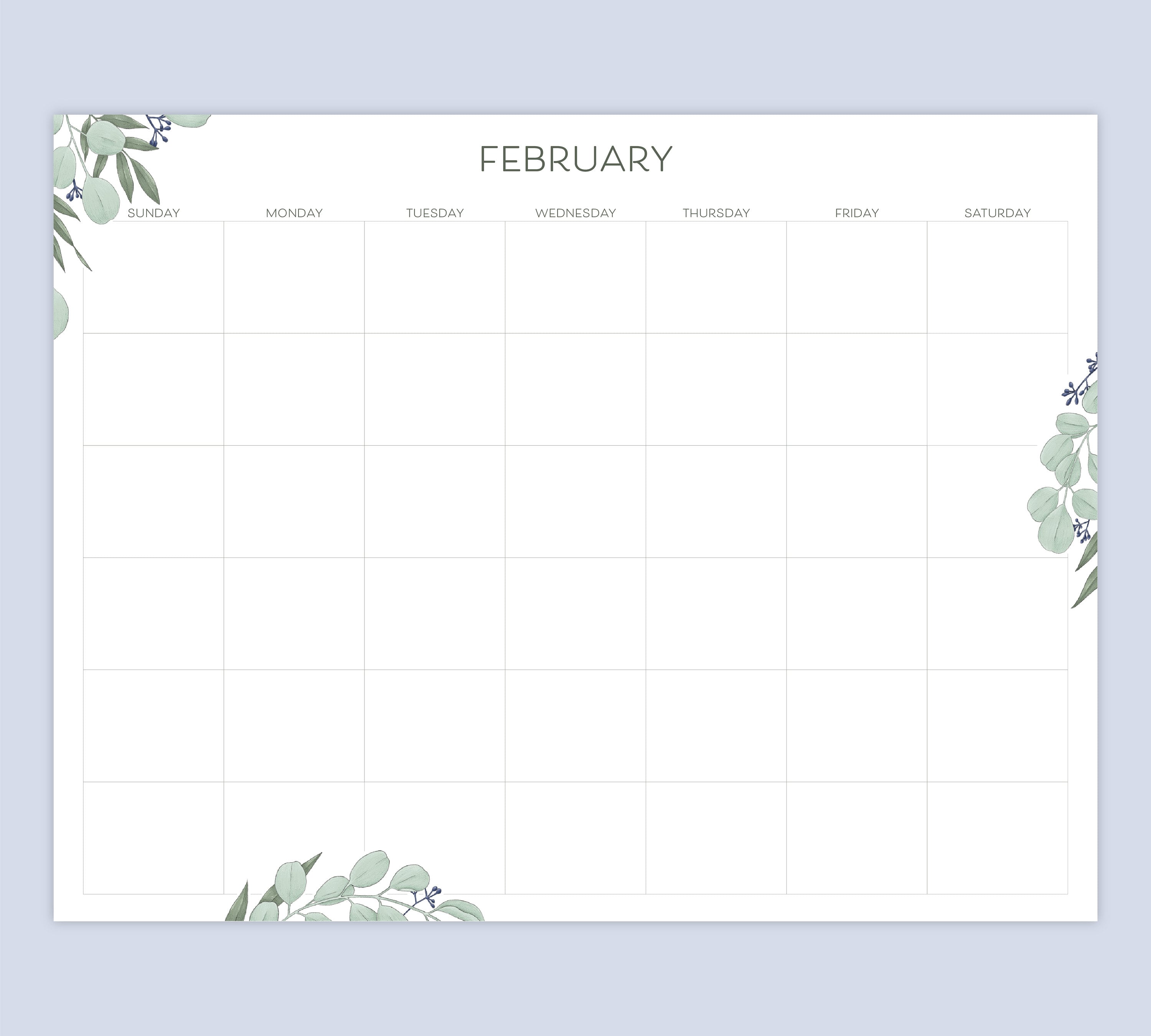 Minimal Printable Monthly Calendar, Eucalyptus Floral, Pretty Chic ...