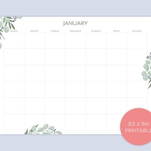 Minimal Printable Monthly Calendar, Eucalyptus Floral, Pretty Chic ...