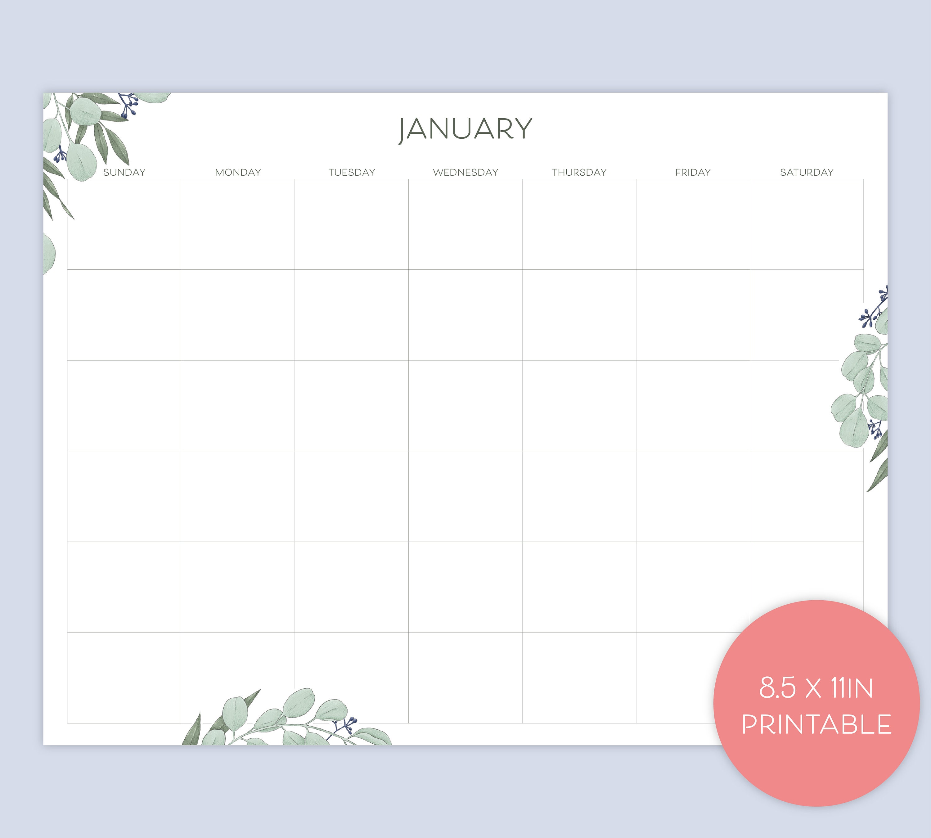 Minimal Printable Monthly Calendar, Eucalyptus Floral, Pretty Chic ...