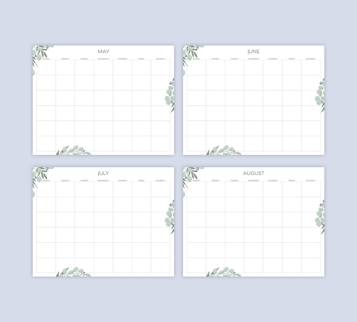 Minimal Printable Monthly Calendar, Eucalyptus Floral, Pretty Chic ...