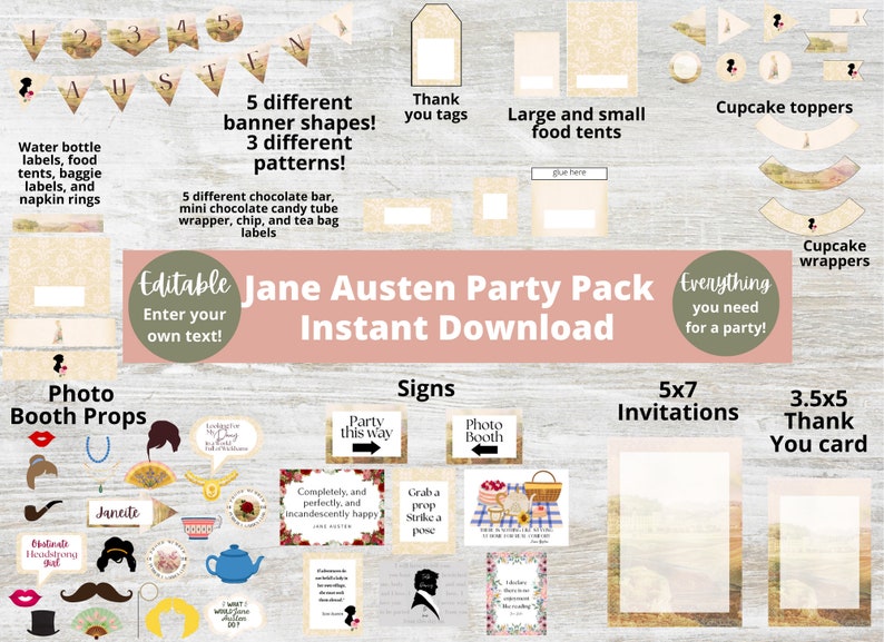 Jane Austen Party Printable Bundle, Jane Austen Party Printable Pack ...