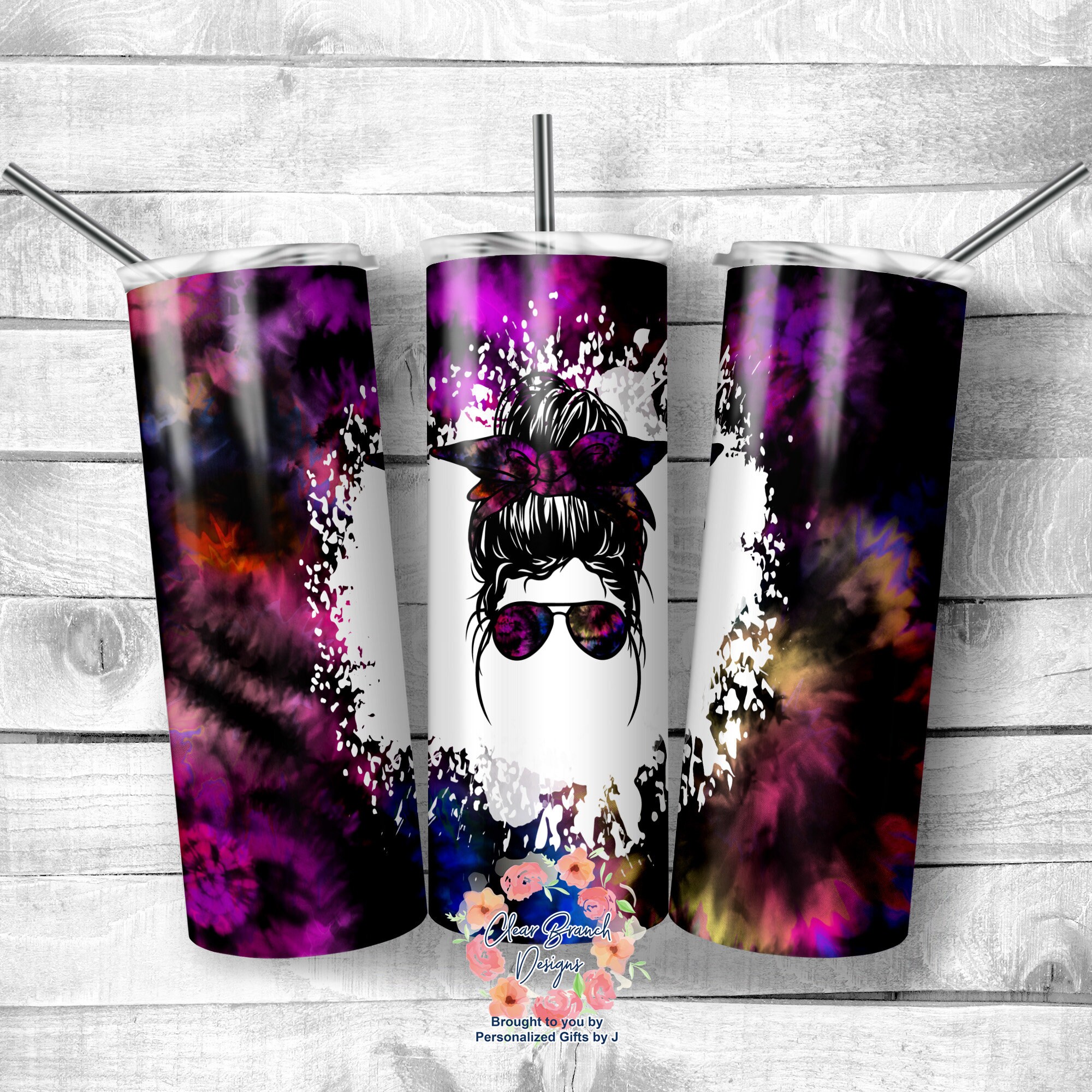 Skinny Tumbler 20 0z Sublimation Design Deep Purples Tie Dye Messy Bun