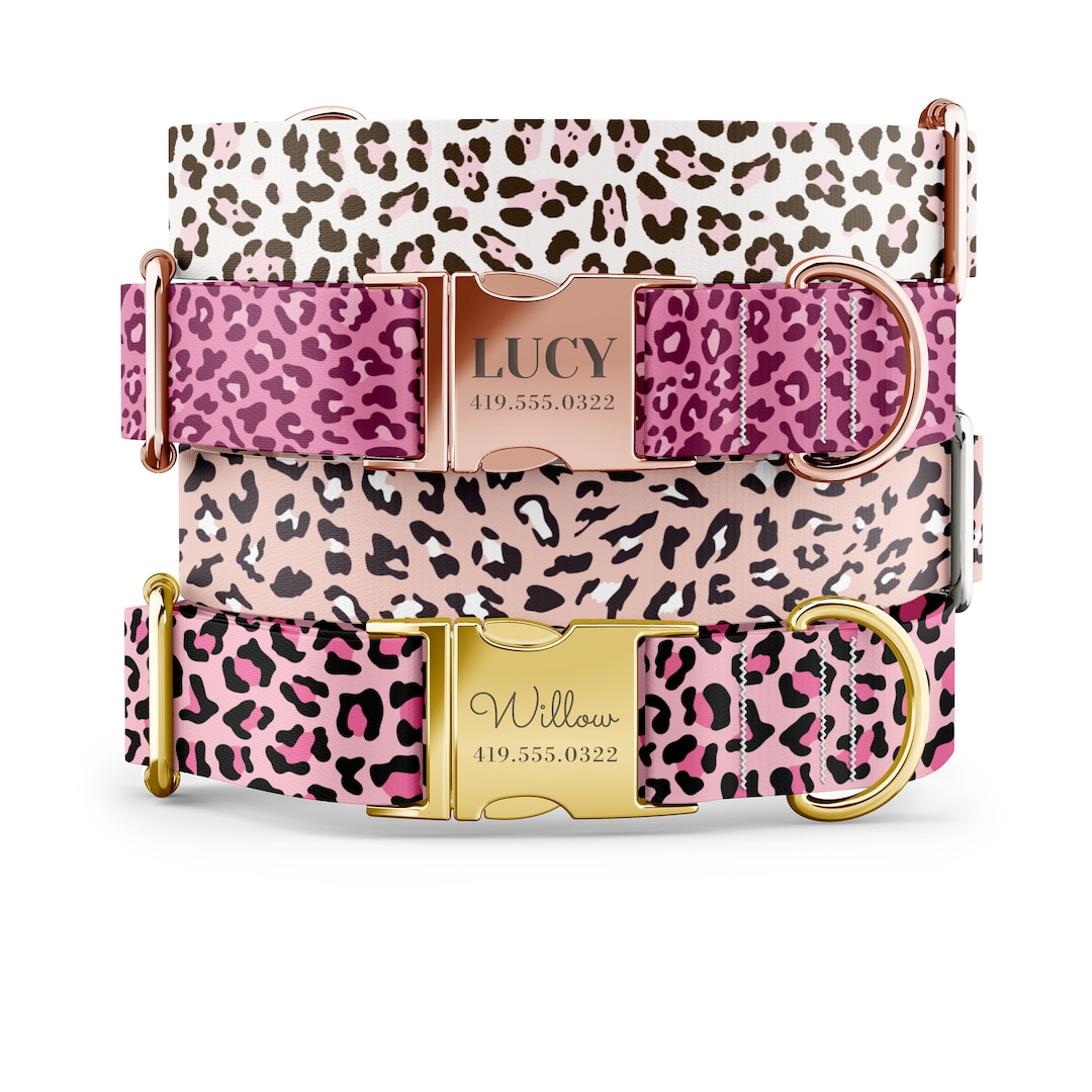 Pink Leopard Print Dog Collar, Custom Dog Collar With Name, Funky Dog ...