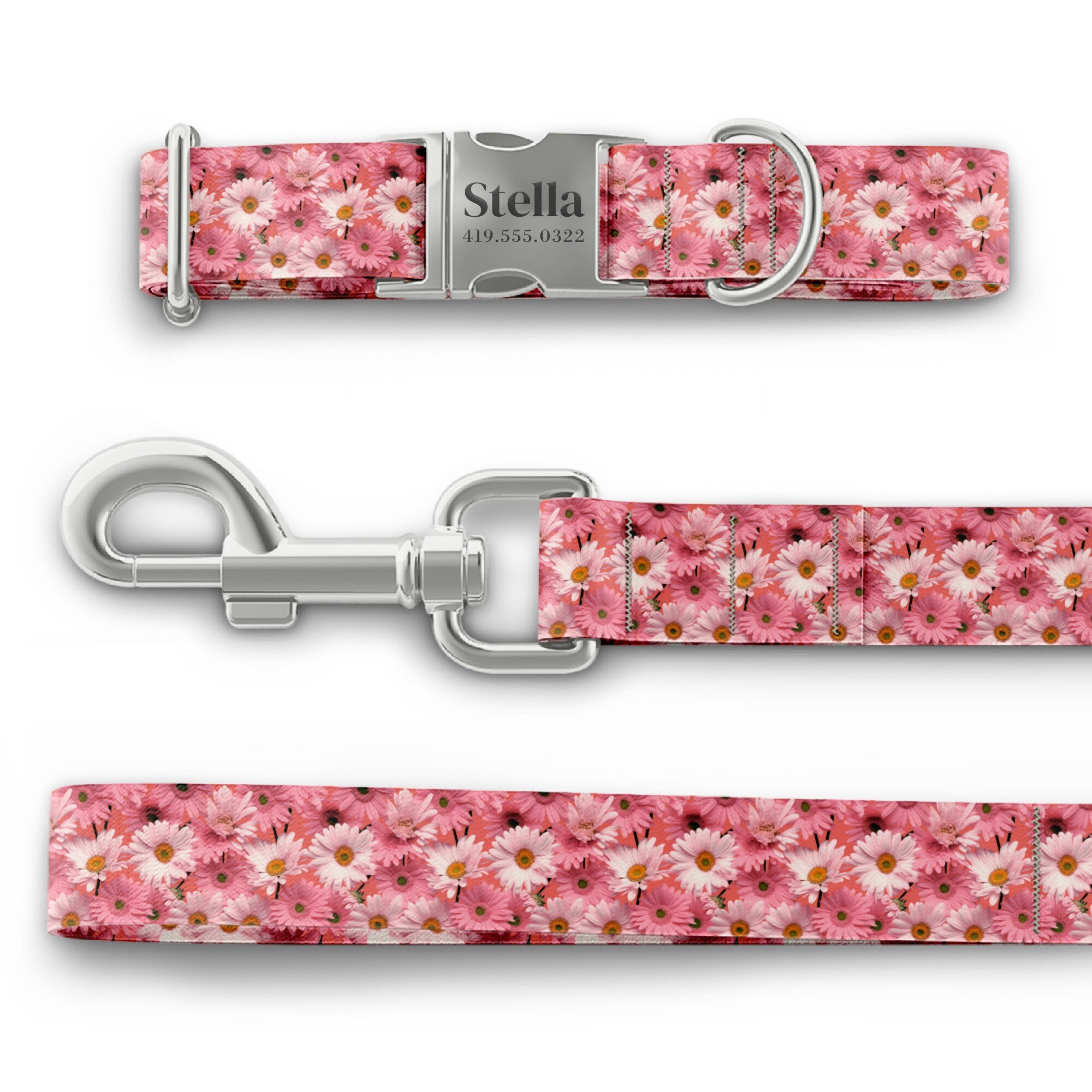 Custom Engraved Pink Daisy Dog Collar With Many Daises. Gold, Rose Gold ...