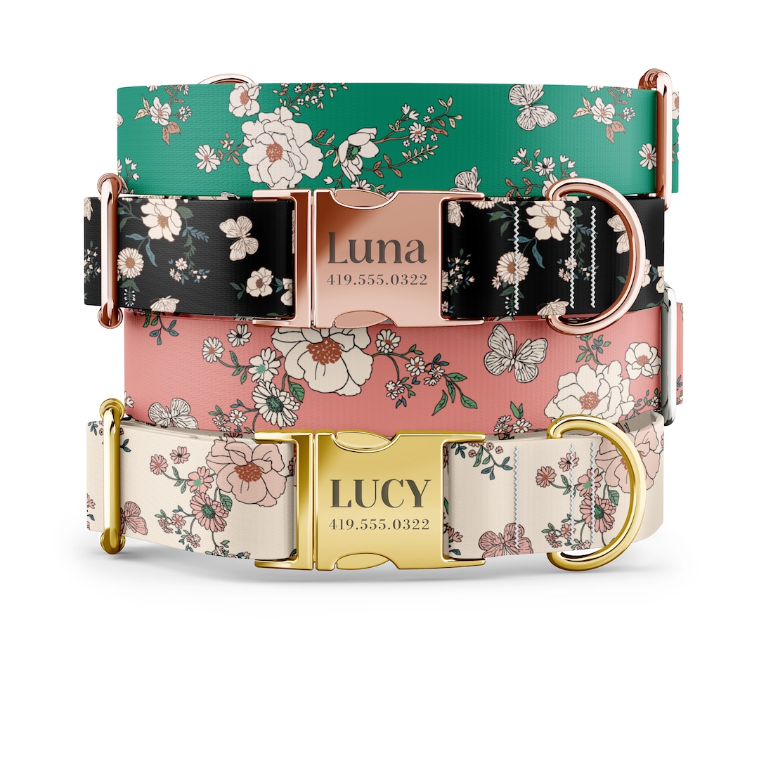 Green Wild Flower Dog Collar Personalized, Custom Dog Collar With Name ...