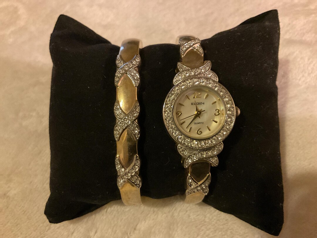 ELGIN Quartz Gold and Diamond Cuff Watch and Bracelet Set. - Etsy