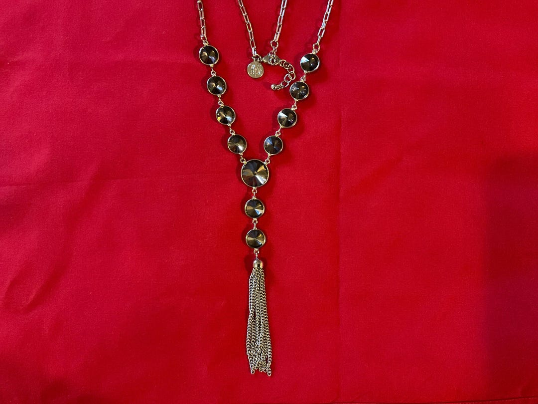 28” Silvertone WBHM V Neck Necklace With Gray Rhinestones and Dangling ...