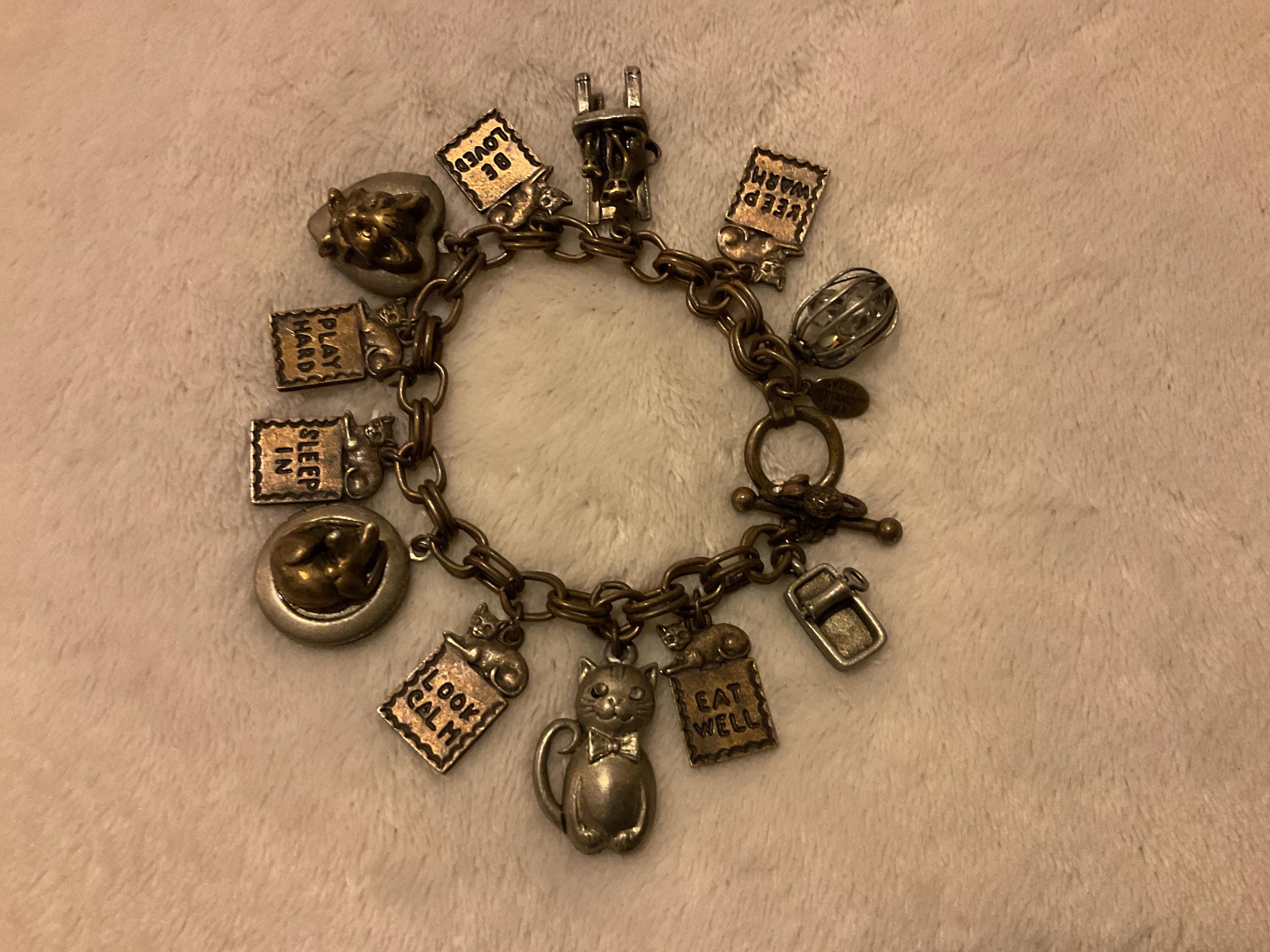 7” Vintage Sweet Romance Bronze and Silvertone Cat Charms Bracelet With ...