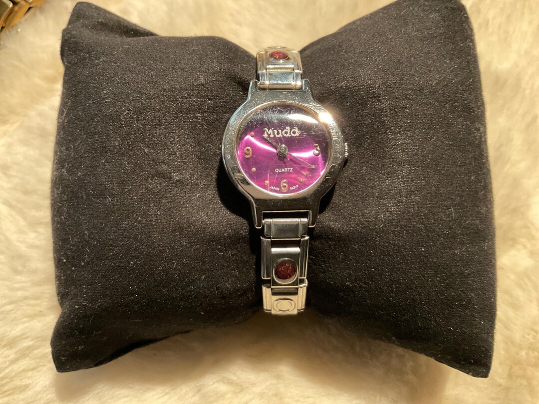 Silvertone Mudd Stainless Steel Quartz Stretch Band Watch.purple Face ...