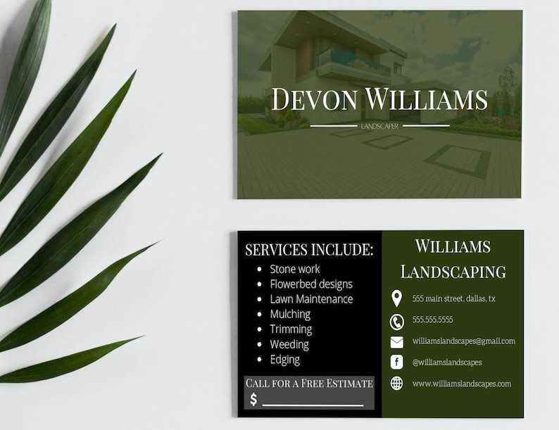 Green Landscaping Service Business Card | With Quote | Editable Canva ...