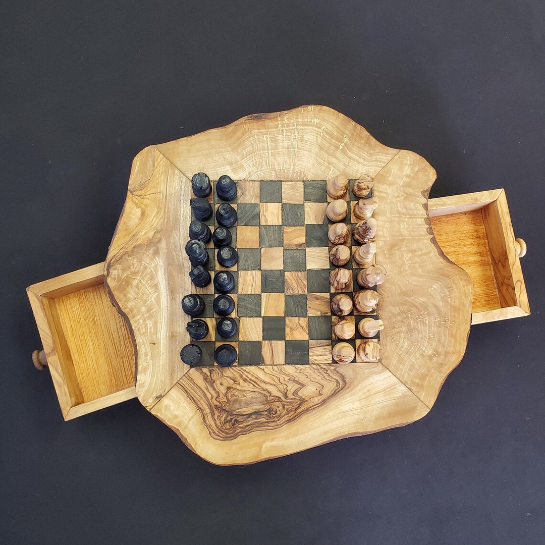 Rustic Olive Wood Chess Board 13 X 13 With Drawers & Legs - Etsy