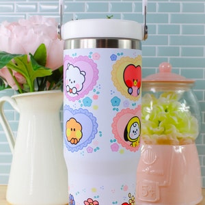30 Oz Kpop Friends Floral Flip Straw Matte Stainless Steel Tumbler ...