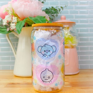Heart Floral Kpop Characters 16oz Frosted Can Glass | Can Glass, Glass ...