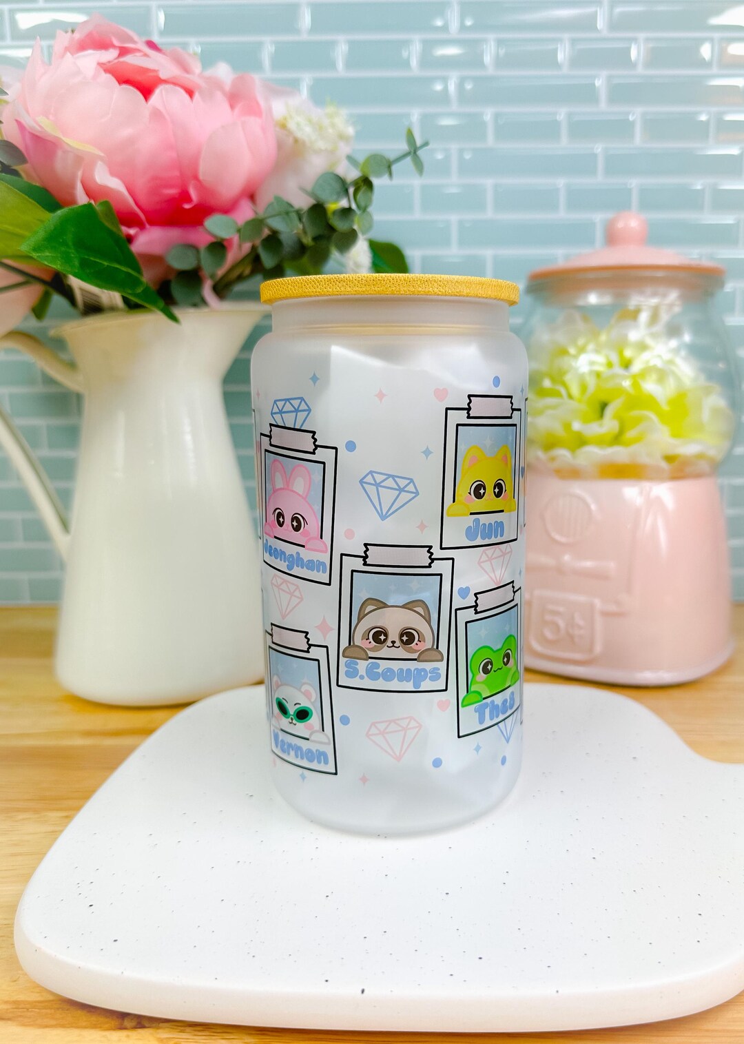 Kpop SVT Animal Polaroid 16oz Frosted Can Glass Mug Can Glass, Glass ...