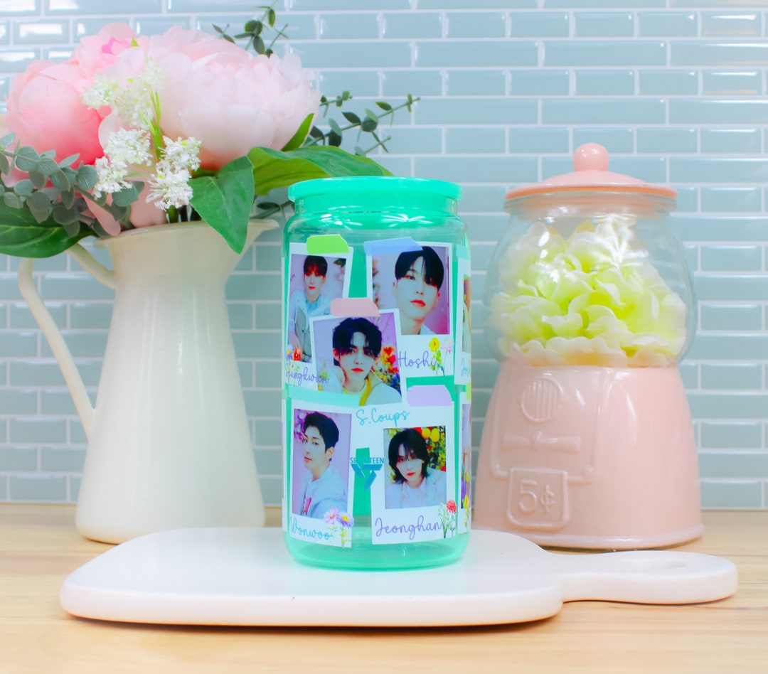 Kpop SVT 16 Oz Green Jelly Can Glass With Plastic Lid and Plastic Straw ...