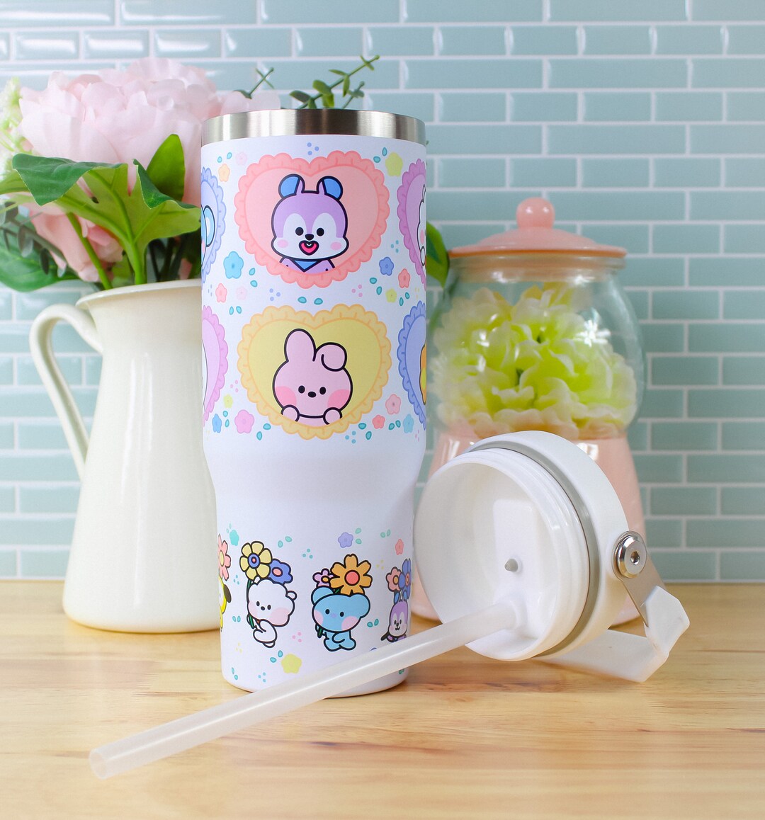 30 Oz Kpop Friends Floral Flip Straw Matte Stainless Steel Tumbler ...