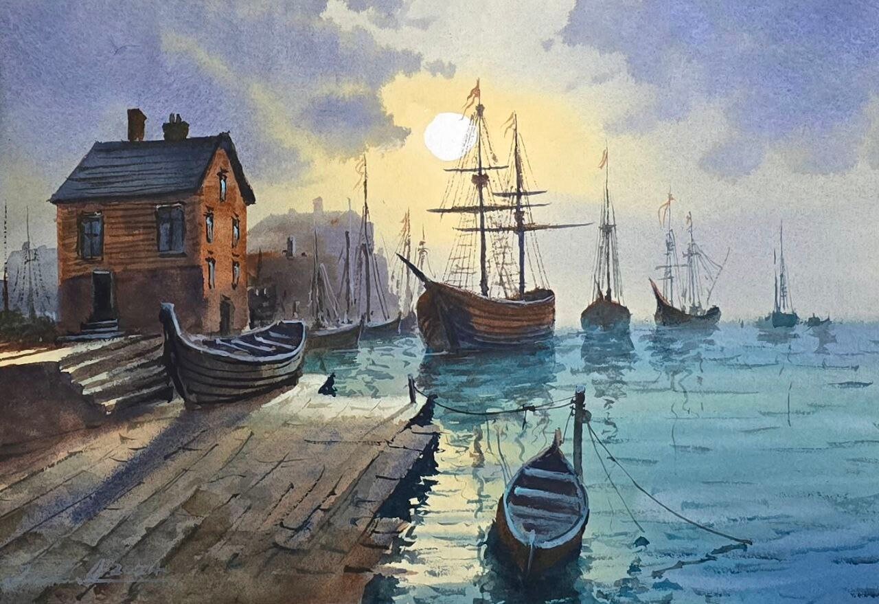 Harbor Scene original Watercolor Painting - Etsy