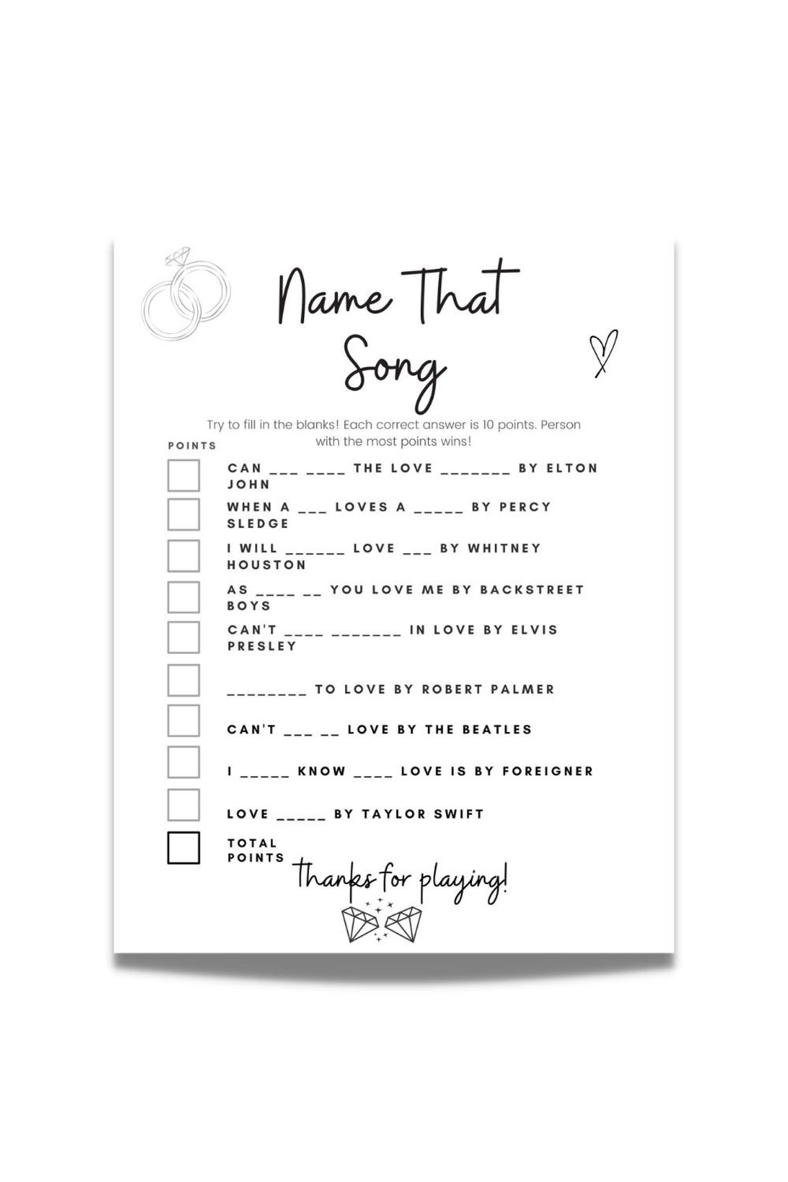 Bridal Shower Game, Guess the Love Song Game, Name That Tune, Printable ...