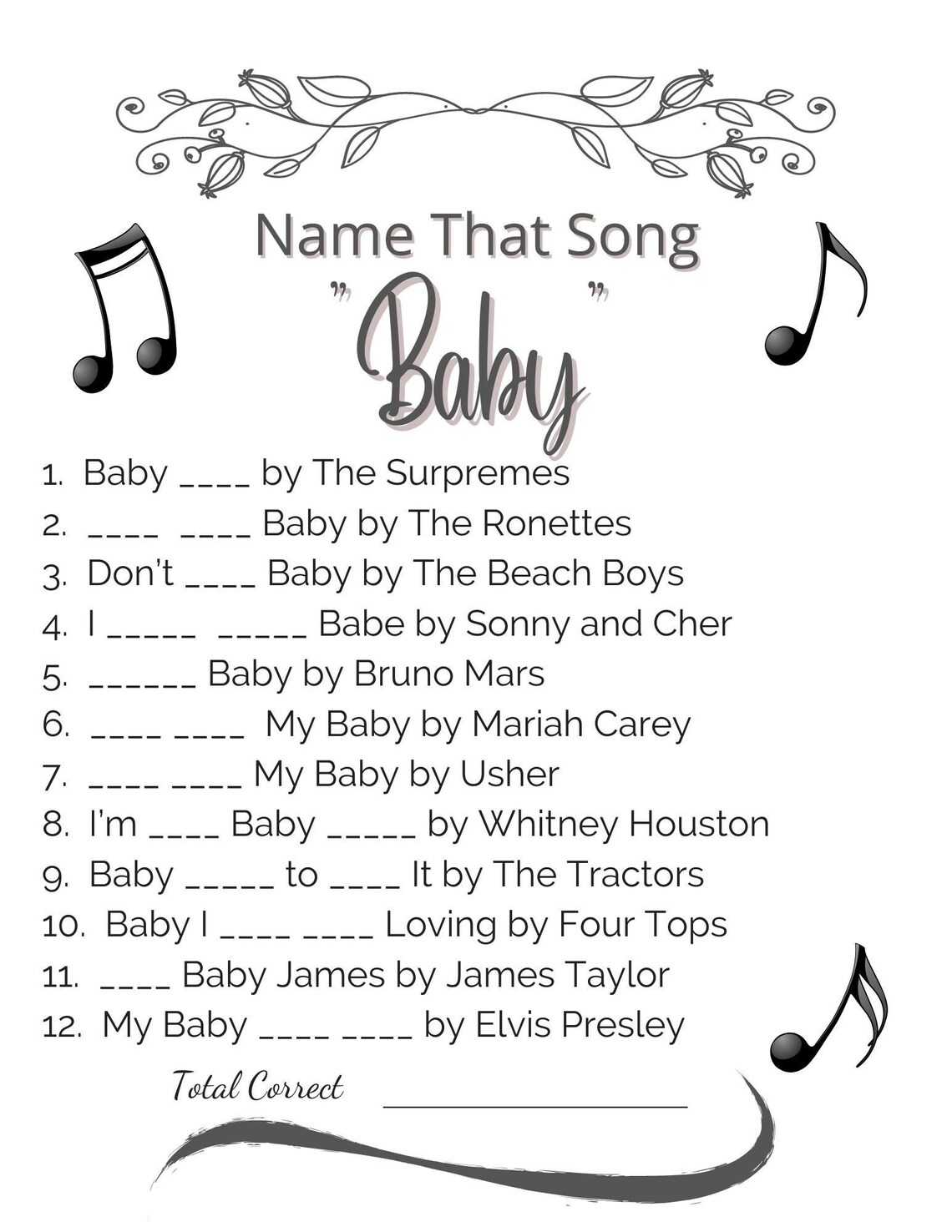 Name That Song Baby Trivia, Baby Shower Game, Simple Black and White ...
